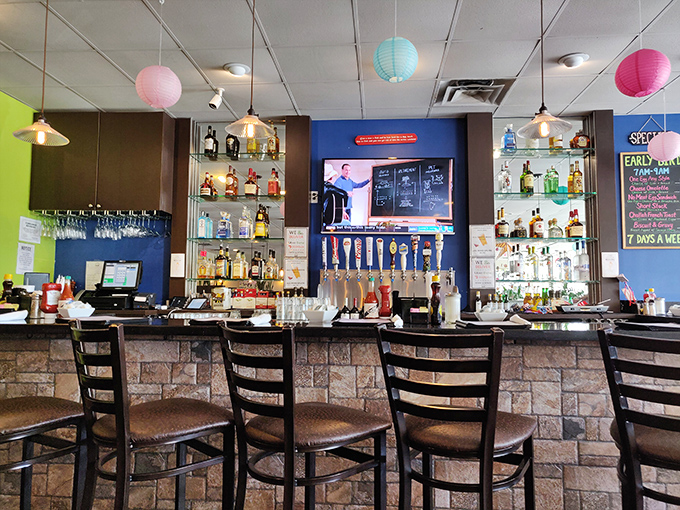 A bar that understands Bloody Marys are technically a vegetable serving. Colorful paper lanterns add a touch of whimsy to serious drinking.