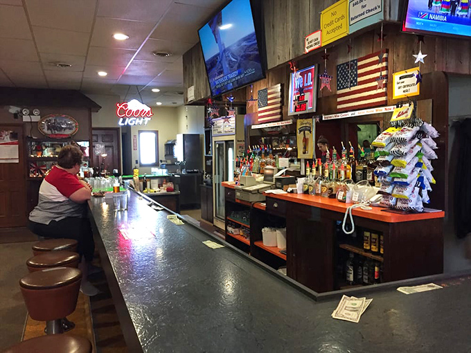 The bar area sports all the essentials&mdash;cold beer, American flags, and enough local character to fill a novel. Just don't expect a craft cocktail menu.