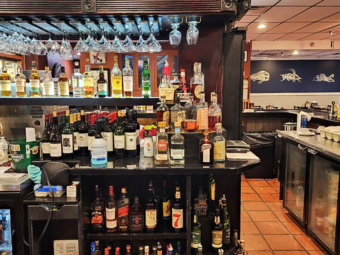 A well-stocked bar that promises good times ahead. Those hanging wine glasses are just waiting for your celebration.