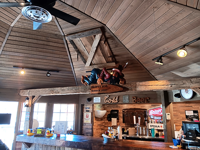 High ceilings and wooden beams create that "converted barn" vibe where calories don't count and diet plans go to die happy deaths.