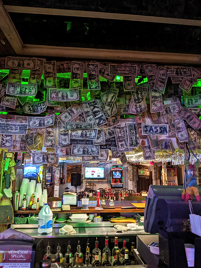 The bar area showcases decades of customer donations &ndash; dollar bills creating the world's most interactive wallpaper display.