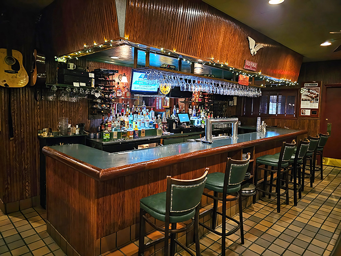 String lights add a touch of perpetual celebration to the bar area, where Italian-American classics flow as freely as the conversation.