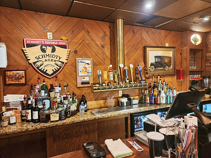 Wood paneling and tap handles create that perfect German beer hall atmosphere where every hour feels like a mini Oktoberfest.