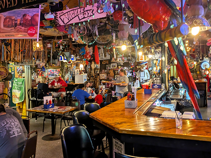 The bar area looks like what would happen if a fishing tackle shop and your favorite uncle's basement had a beautiful baby.
