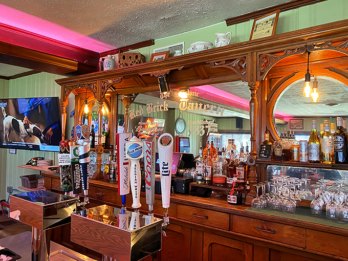 Craftsmanship from an era when artisans took pride in every curve and carving. This bar has witnessed more toasts than a Sunday brunch.