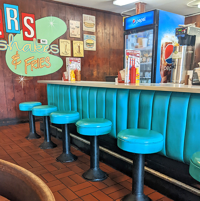 Those turquoise counter stools have supported more happy customers than a therapist's couch, and they charge a lot less per hour.