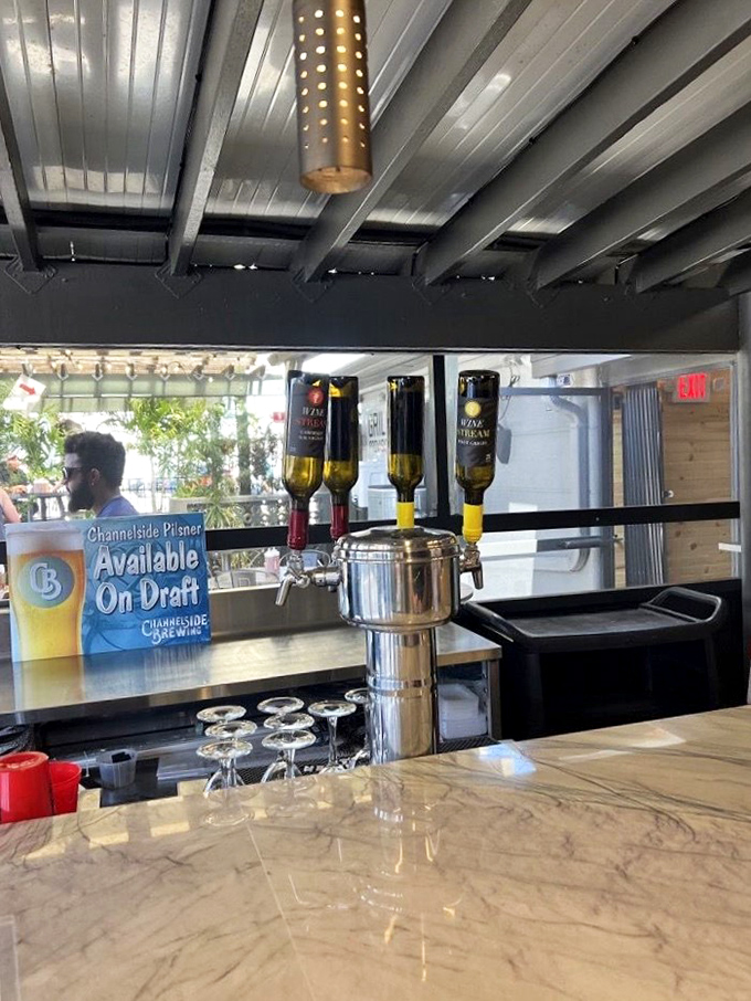 This isn't just a bar&mdash;it's mission control for your taste buds. Those upside-down bottles aren't decoration; they're promises of good times ahead.