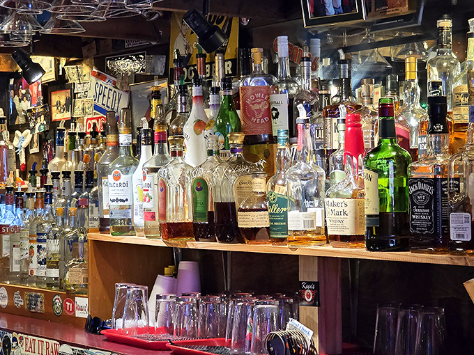 Behind every great burger joint is a well-stocked bar. The bottles stand at attention, ready to provide liquid courage for those about to face The Thurmanator.