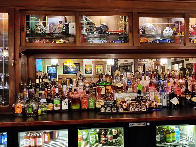 A bar stocked for every celebration, from "I survived Monday" to "Let's toast to these ribs." The model cars suggest you should definitely have a designated driver.