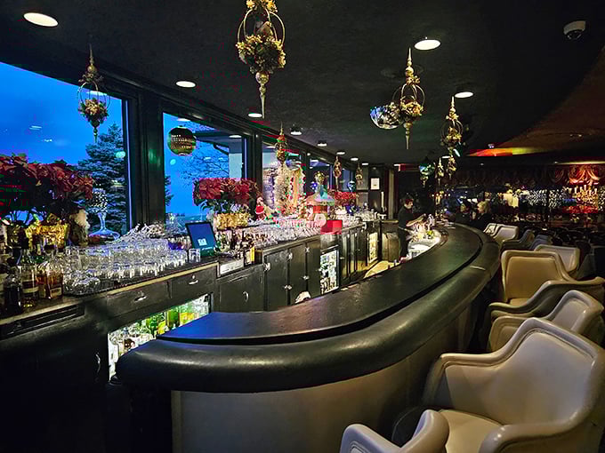 A bar that invites you to linger, where bartenders remember your name and your drink. Holiday decorations add that extra touch of warmth.