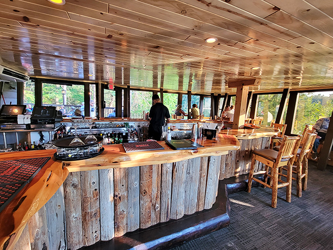 Not just a bar, but a wooden masterpiece. Weathered planks tell stories of decades past while bartenders craft liquid joy for the present.