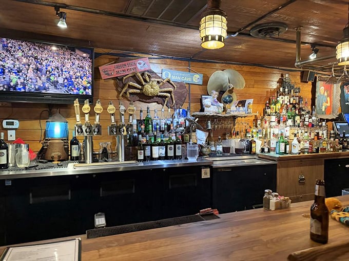 The bar stands ready for action, complete with a watchful crab guardian overseeing the impressive lineup of spirits.