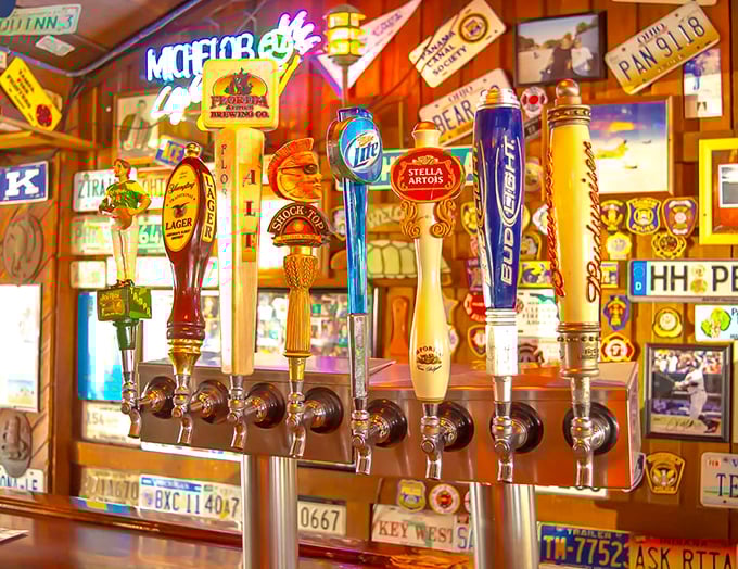 Beer taps standing at attention like colorful soldiers guarding the good times. Each handle promises a different path to the same destination: contentment with a foam collar.