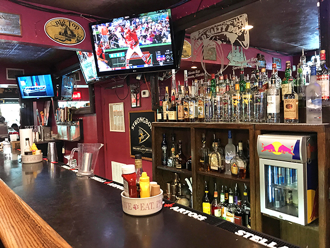 A bar stocked like a pirate's treasure chest, where bottles gleam with promise and bartenders know the difference between serving drinks and creating memories.