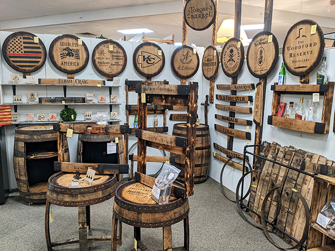 Bourbon barrel art that would make any Kentucky colonel tip his hat. Suddenly your living room feels naked without a whiskey-soaked conversation piece.