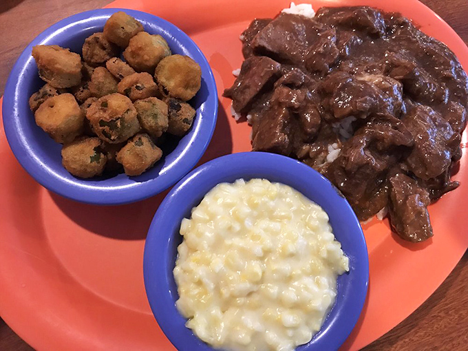 Beef tips swimming in rich gravy alongside creamy mac and cheese and crispy okra. A triumvirate of Southern flavors that demands to be savored slowly.
