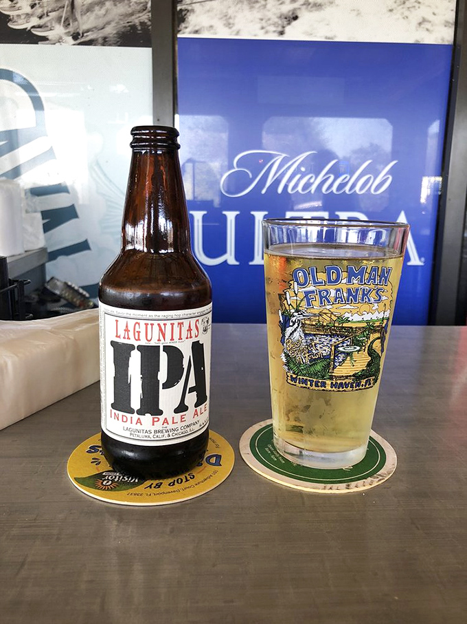 When a Lagunitas IPA meets an Old Man Frank's branded glass, it's like the California craft movement shaking hands with Florida's laid-back waterfront tradition. 