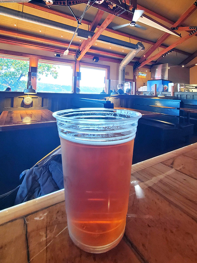 A cold one with a view&mdash;this amber brew sits proudly against the backdrop of Skeeter's rustic interior, ready to tame the fire of barbecue spice.
