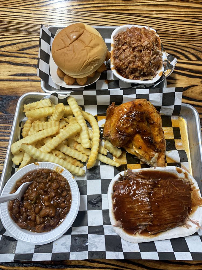 A feast fit for royalty served on a humble checkered paper. The contrast makes the barbecue taste even better somehow.