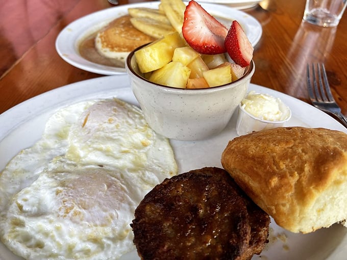 The Bionic Breakfast brings together the holy trinity: perfectly cooked eggs, a golden biscuit, and sausage that means business.