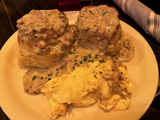 Biscuits and gravy that look like they're auditioning for a Southern comfort food calendar – rich, creamy, and utterly shameless about their caloric content. Worth every delicious bite.