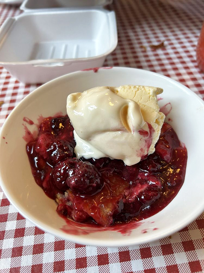 Blackberry cobbler that captures summer in every spoonful, topped with ice cream melting into warm berry bliss.