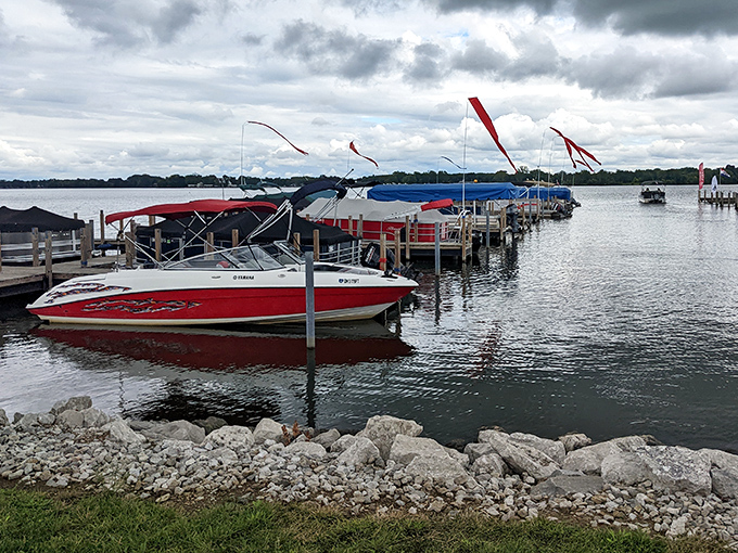 A marina mosaic of primary colors and weekend dreams. These boats represent thousands of stories waiting to unfold on Buckeye Lake's waters.