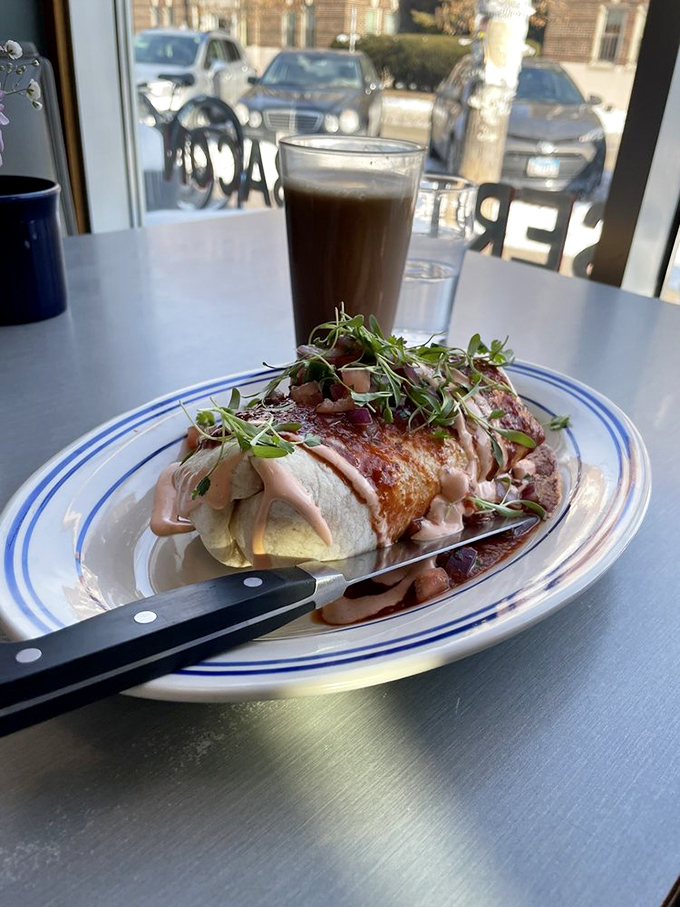 Breakfast burritos should always look this substantial and photogenic. The microgreens add a touch of sophistication to this handheld morning masterpiece.