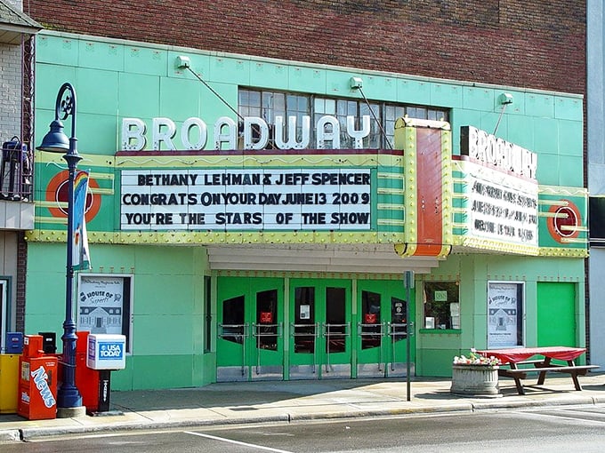 The Broadway Theater's mint-green Art Deco facade is the architectural equivalent of finding a pristine '57 Chevy in your grandpa's garage.