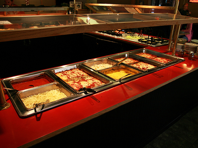 Pizza by the slice, pasta by the pan &ndash; democracy in action at the buffet line.