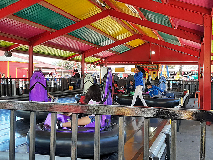 Bumper cars: where family rivalries are settled and driving skills are questionable, all under a rainbow-colored canopy of fun.