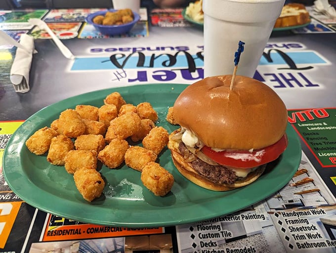 A classic burger with tots instead of fries&mdash;the diner equivalent of choosing the road less traveled. Robert Frost would approve.