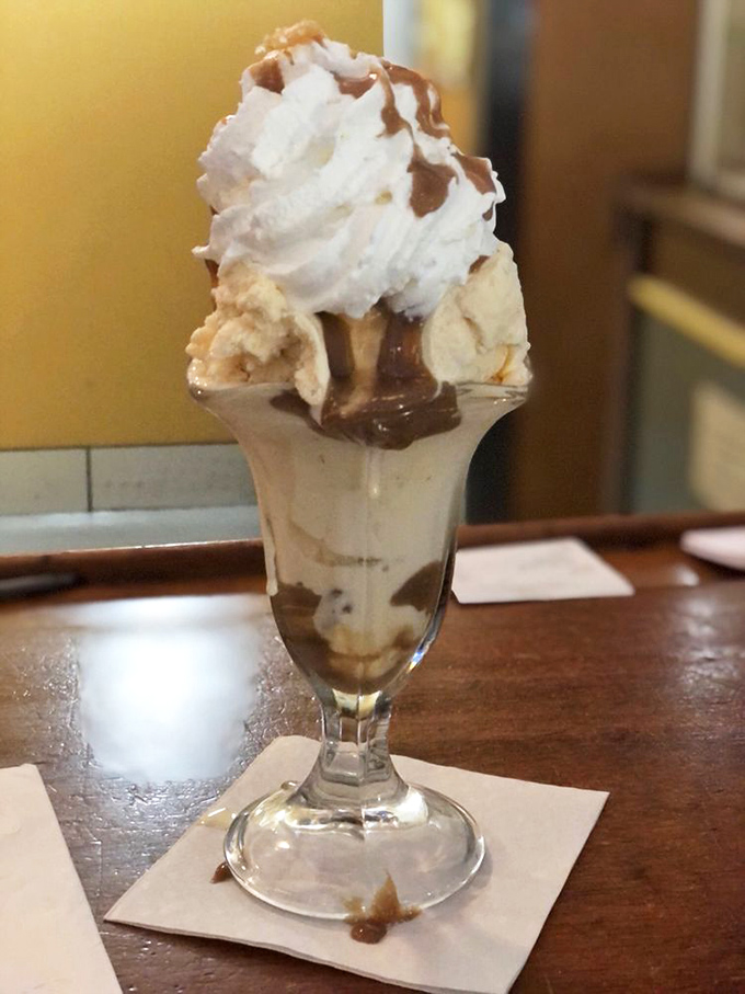 Ice cream architecture at its finest. That sundae glass is basically a skyscraper of sweet, creamy decadence with chocolate ribbons.
