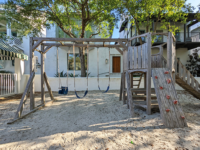 Even the playground gets beach views here, making sandbox time feel like a resort experience.