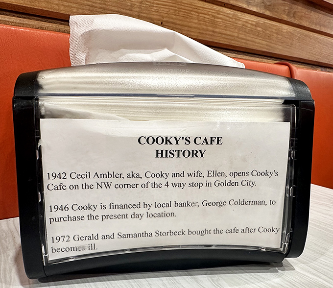 Every great restaurant has a story&mdash;Cooky's history napkin holder reveals the cafe's journey since 1942, when a slice of pie cost less than your morning coffee today.