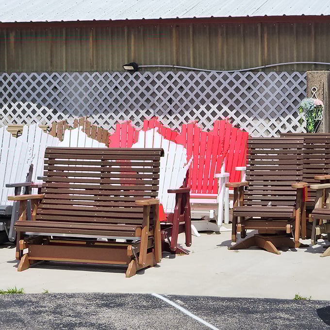 Handcrafted benches and chairs bask in the sunshine, silently judging the flimsy patio furniture at big box stores. Quality that outlasts trends and Wisconsin winters.