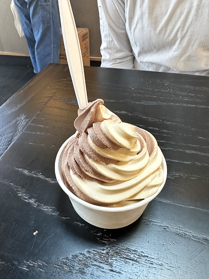 Swirls of chocolate and banana soft serve that could make a grown adult weep with nostalgic delight.