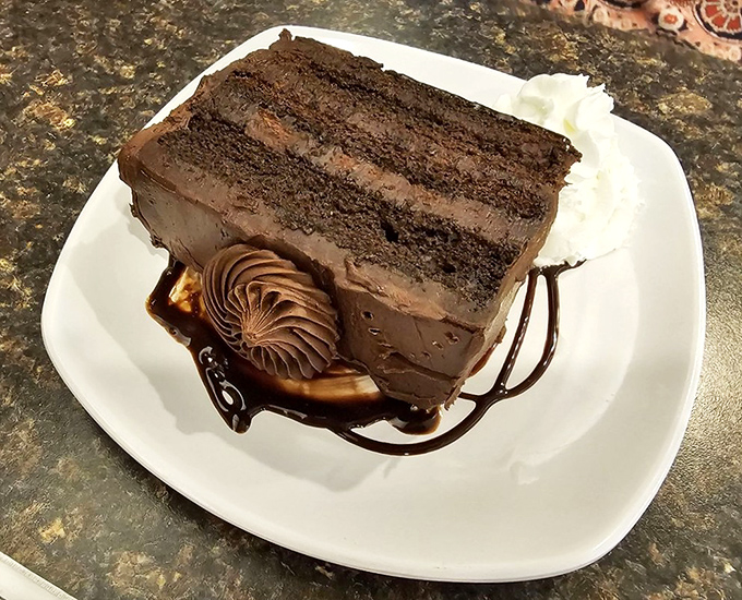A slice of chocolate cake so rich it should come with its own tax bracket. The perfect finale to a diner symphony.