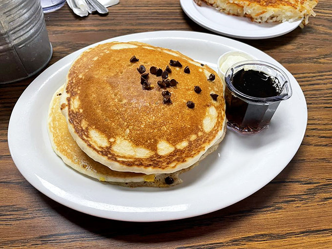 A chocolate chip pancake that makes you question why anyone would ever eat plain ones again&mdash;golden, fluffy, and studded with melty chocolate treasures.