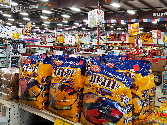 M&M's paradise! These colorful bags of chocolate happiness prove that sometimes the best treasures come in family-sized packages.