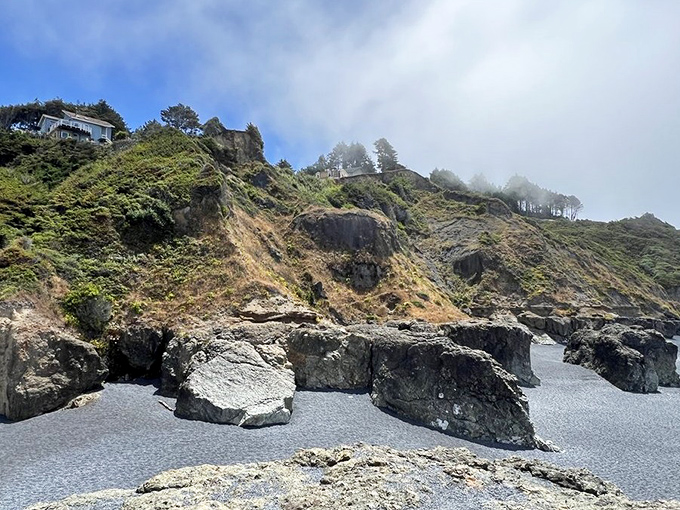 Dramatic cliffs frame the volcanic shoreline, a reminder that California's coastline was forged through geological drama.