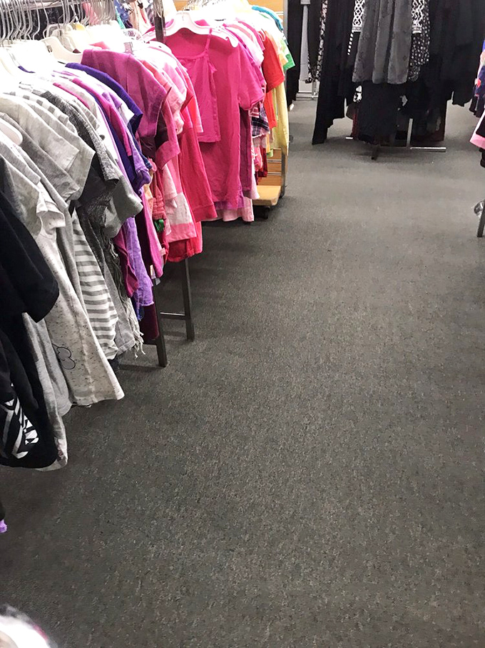 The clothing department: where vintage band shirts hang next to professional blazers, creating the perfect shopping ground for both office workers and weekend rockers.