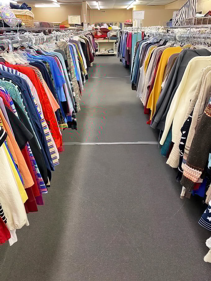 The meticulously organized clothing section features color-coordinated racks that would make even the most particular closet organizer proud.