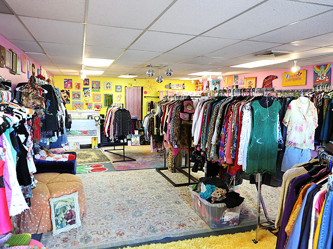 A kaleidoscope of clothing possibilities with enough variety to dress an entire decade. The vintage rugs add just the right touch.