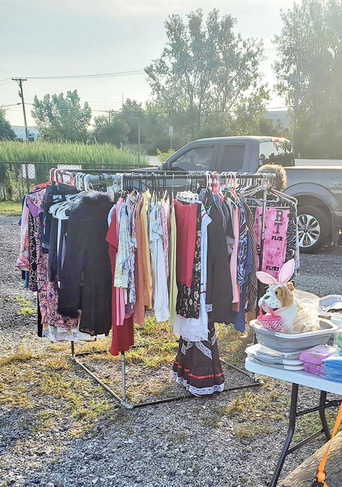 Fashion on wheels! This rolling rack showcases everything from casual to cocktail, with a four-legged supervisor keeping watch.