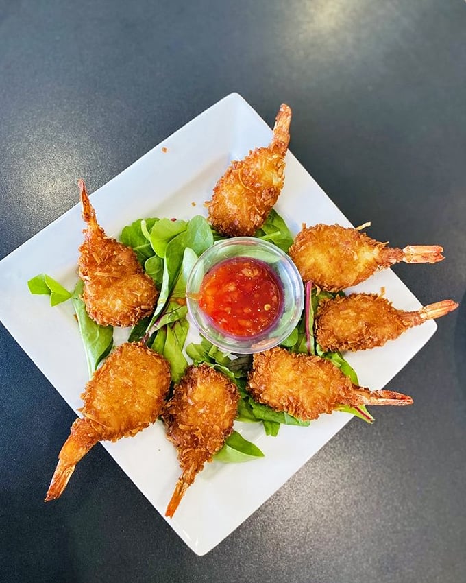 Coconut shrimp arranged like a delicious sunburst&mdash;tropical-crusted treasures that deliver the perfect sweet-savory high five to your taste buds.