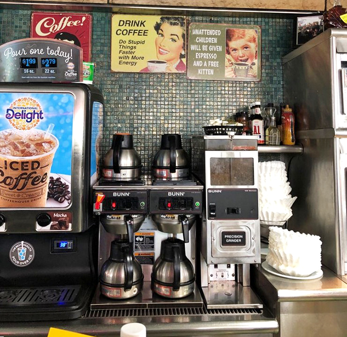 The coffee corner &ndash; where vintage signs remind us of simpler times when caffeine was considered a performance-enhancing drug.