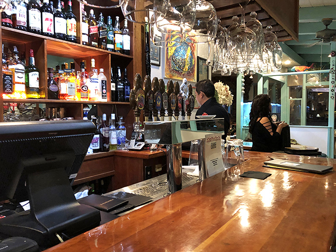 A bar stocked for serious business. Where cocktails and seafood form the perfect maritime marriage.