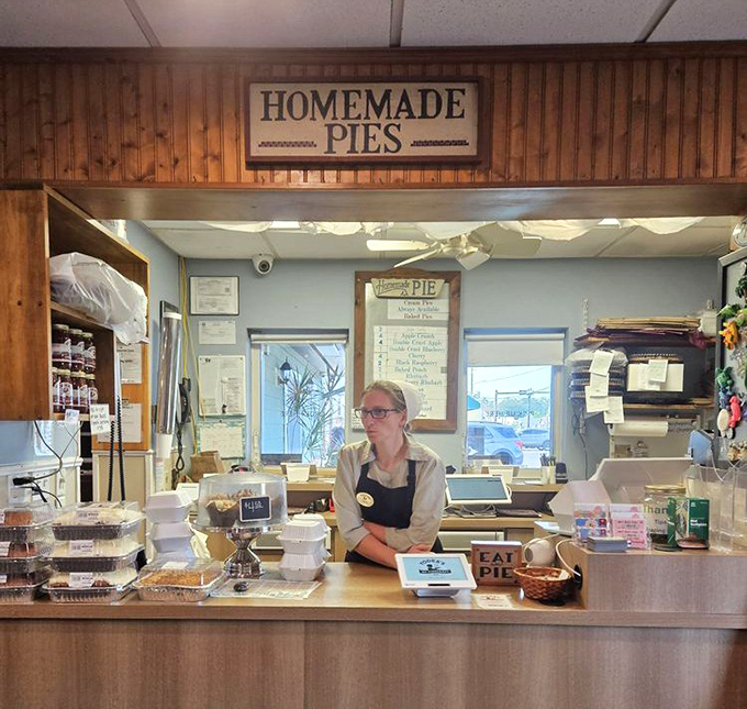 Behind this counter, pie dreams come true. The sign above says "Homemade Pies" but might as well read "Happiness Served Daily."