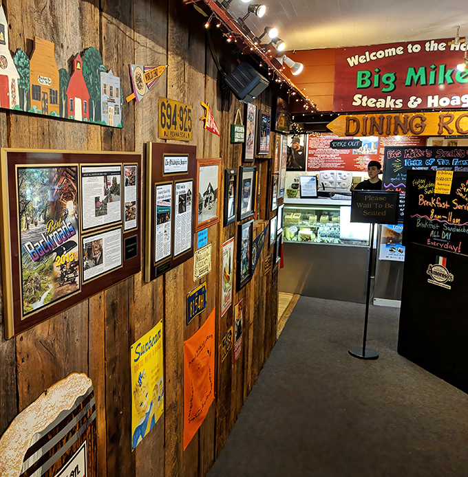 The walls tell stories of adventures past&mdash;newspaper clippings and local memorabilia create a museum of mountain memories alongside Philly pride. 
